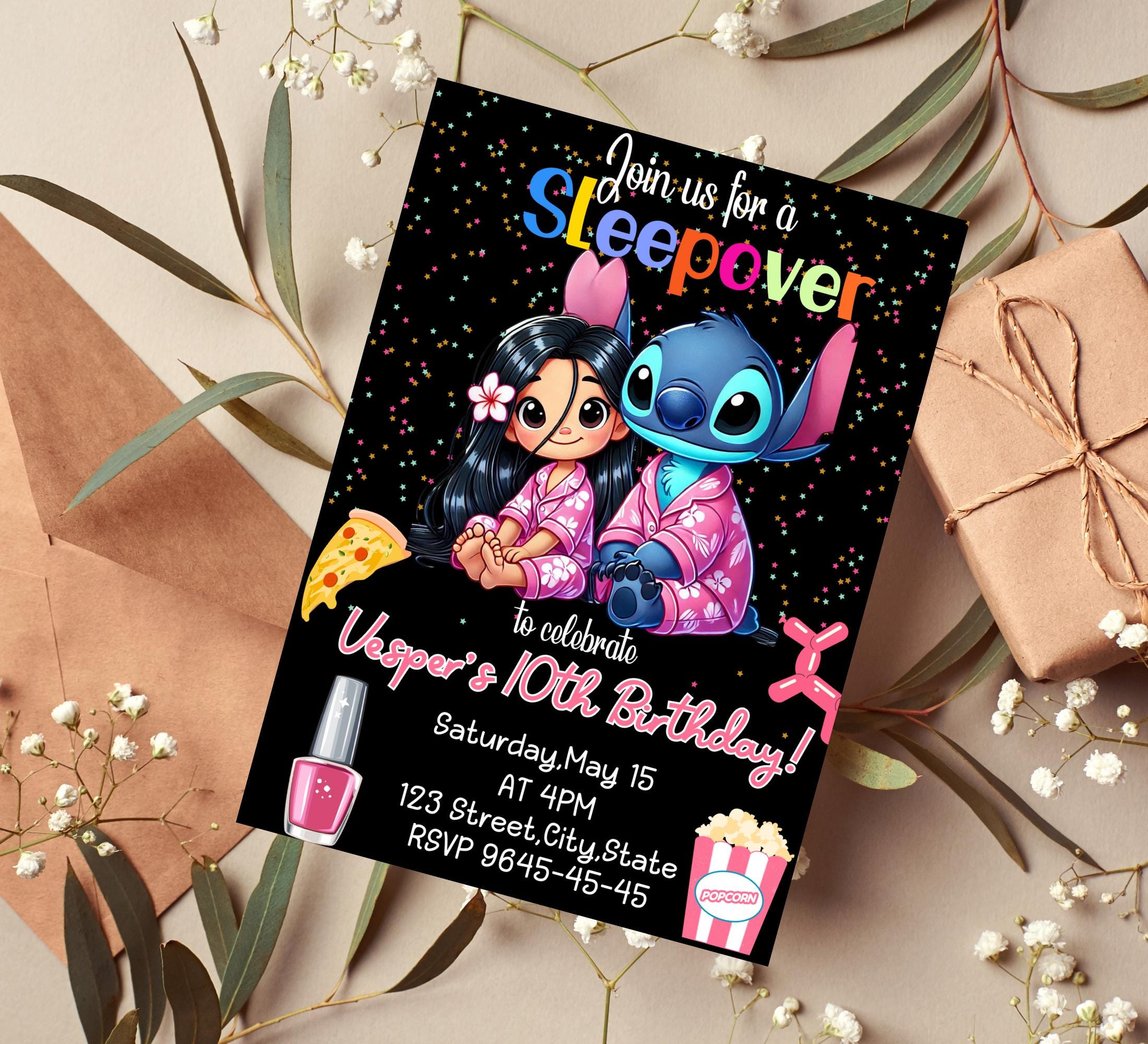Stitch Lilo Sleepover Birthday Invitation | Stitch Angel Slumber Neon ...