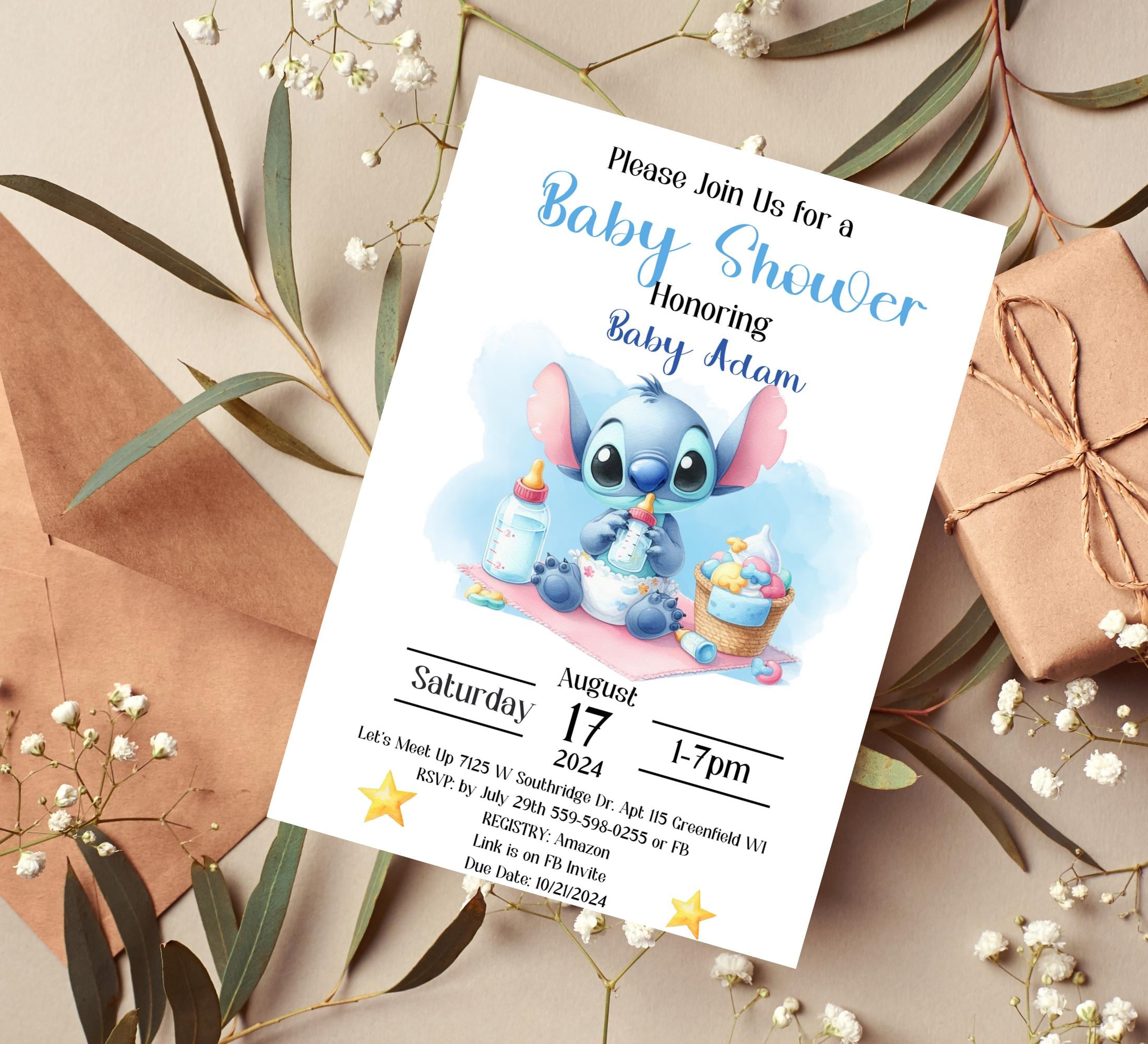 Stitch Moon Watercolor Baby Shower Invitation, Digital and Printable ...