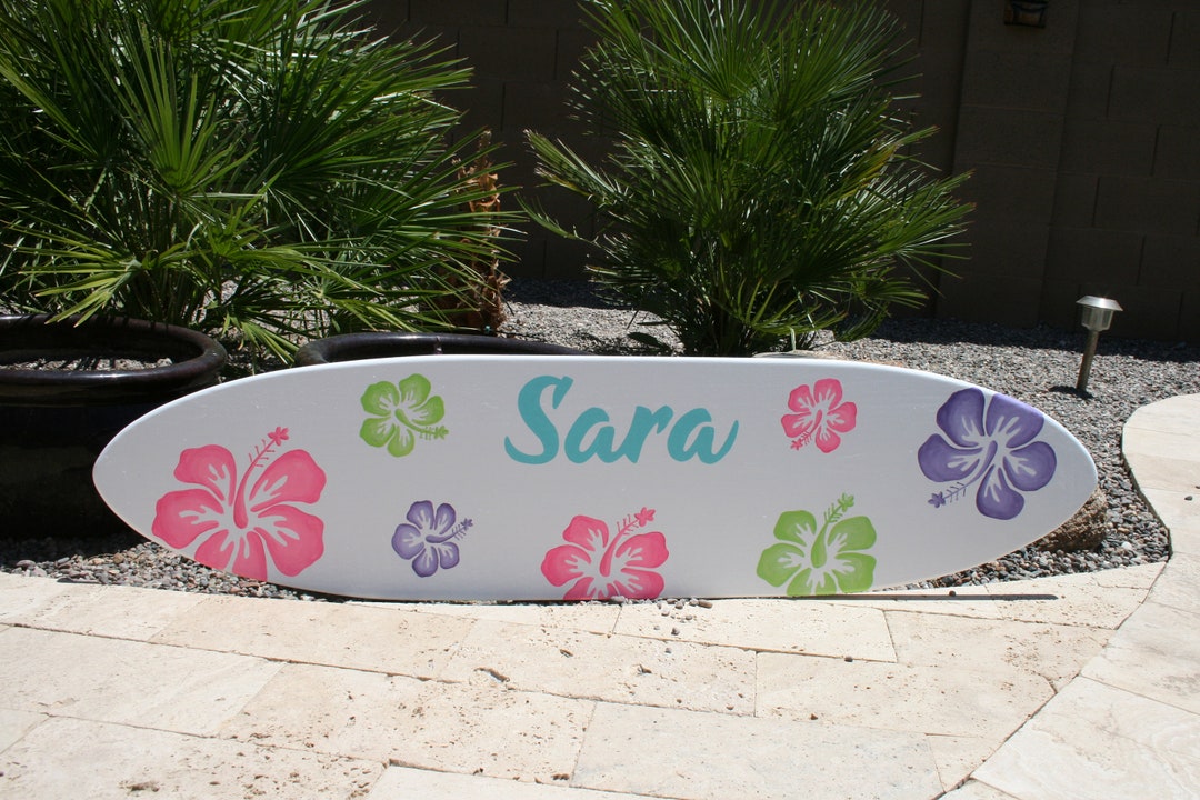 Personalized Surfboard Wall Art, Handpainted Hibiscus Decor - Etsy