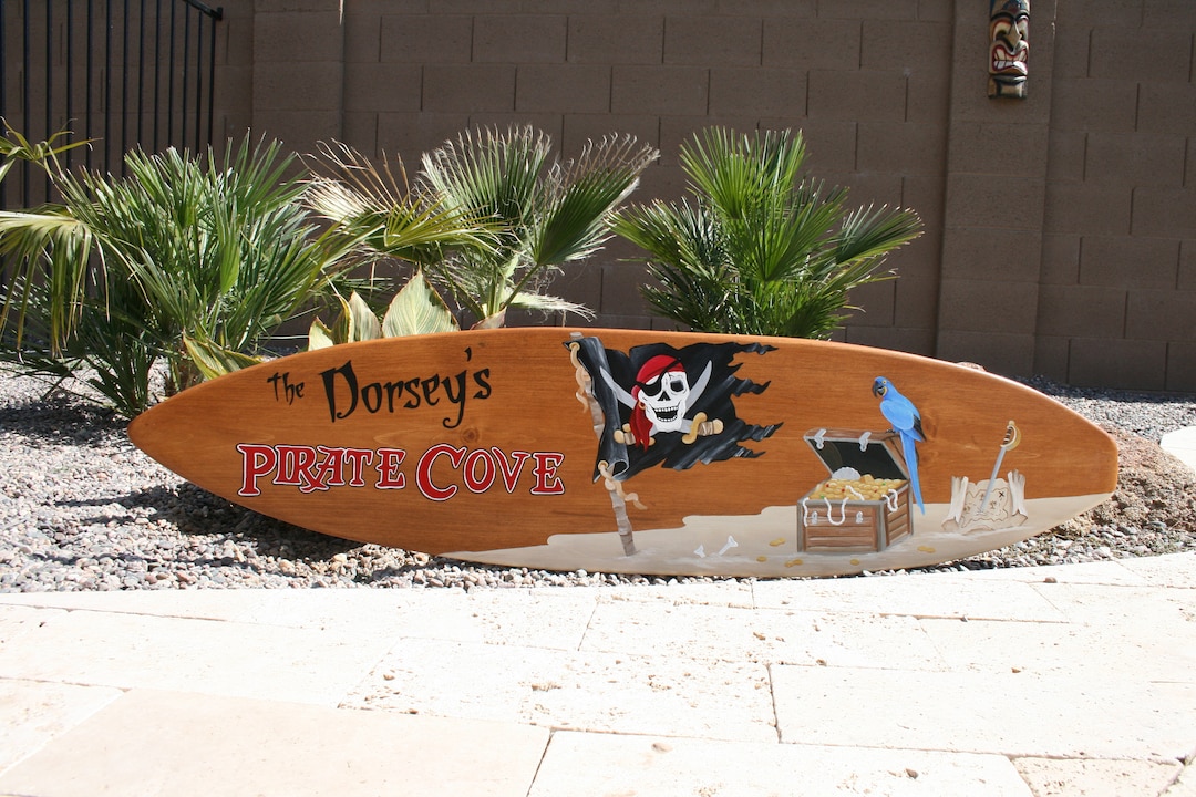 Pirate Surfboard Wall Decor Personalized - Pirate Cove Sign Beach House ...