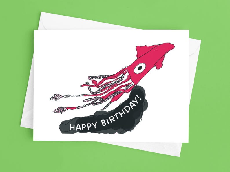 Colossal Squid Birthday Card Kids, Cute Funny Birthday Card, Ocean ...