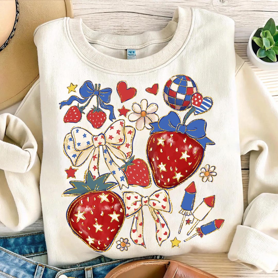 Boho 4th of July Strawberry PNG, Patriotic Bow Sublimation Design ...