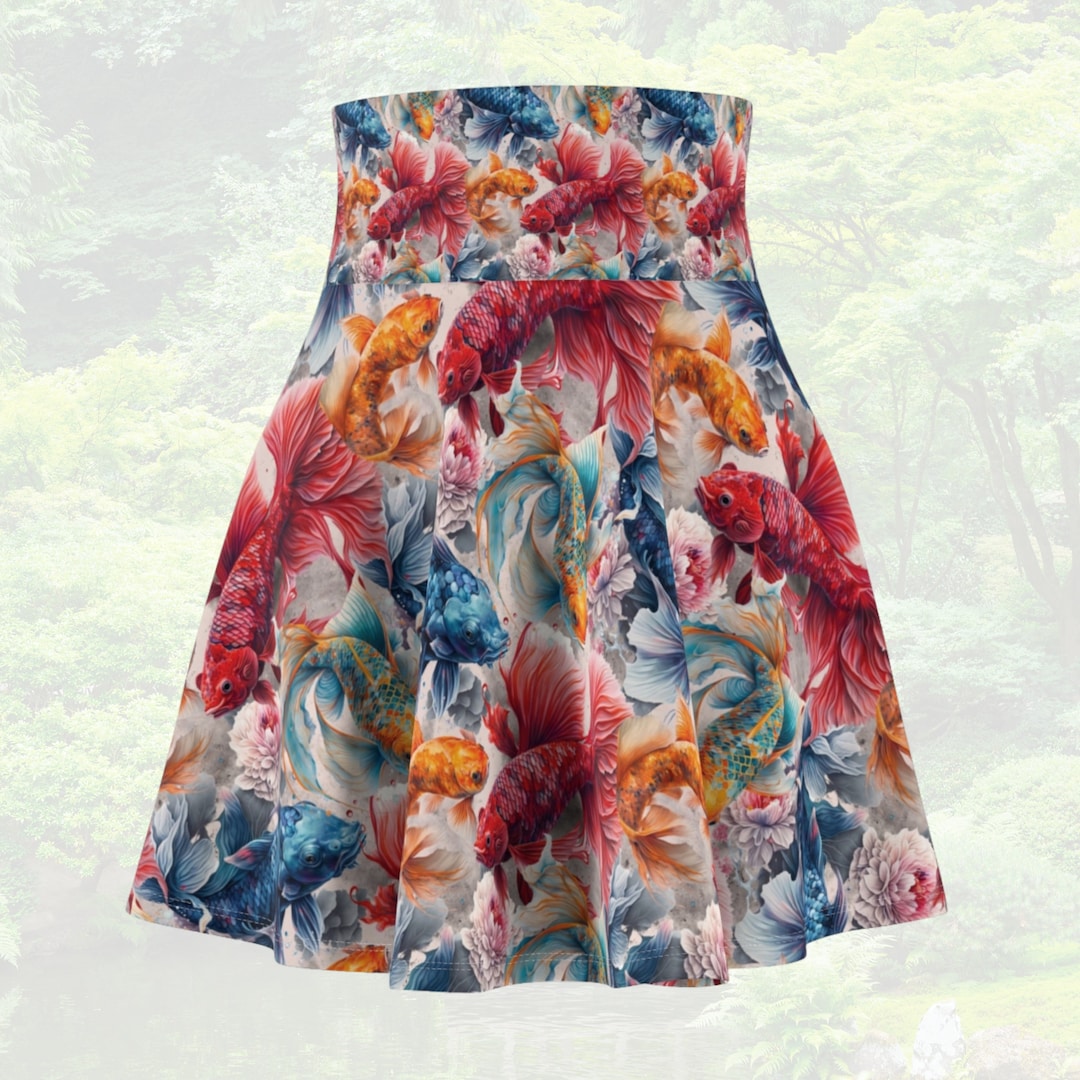 Women's Koi Fish Circle Skirt, Vibrant Orange Red and Blue Koi Fish ...