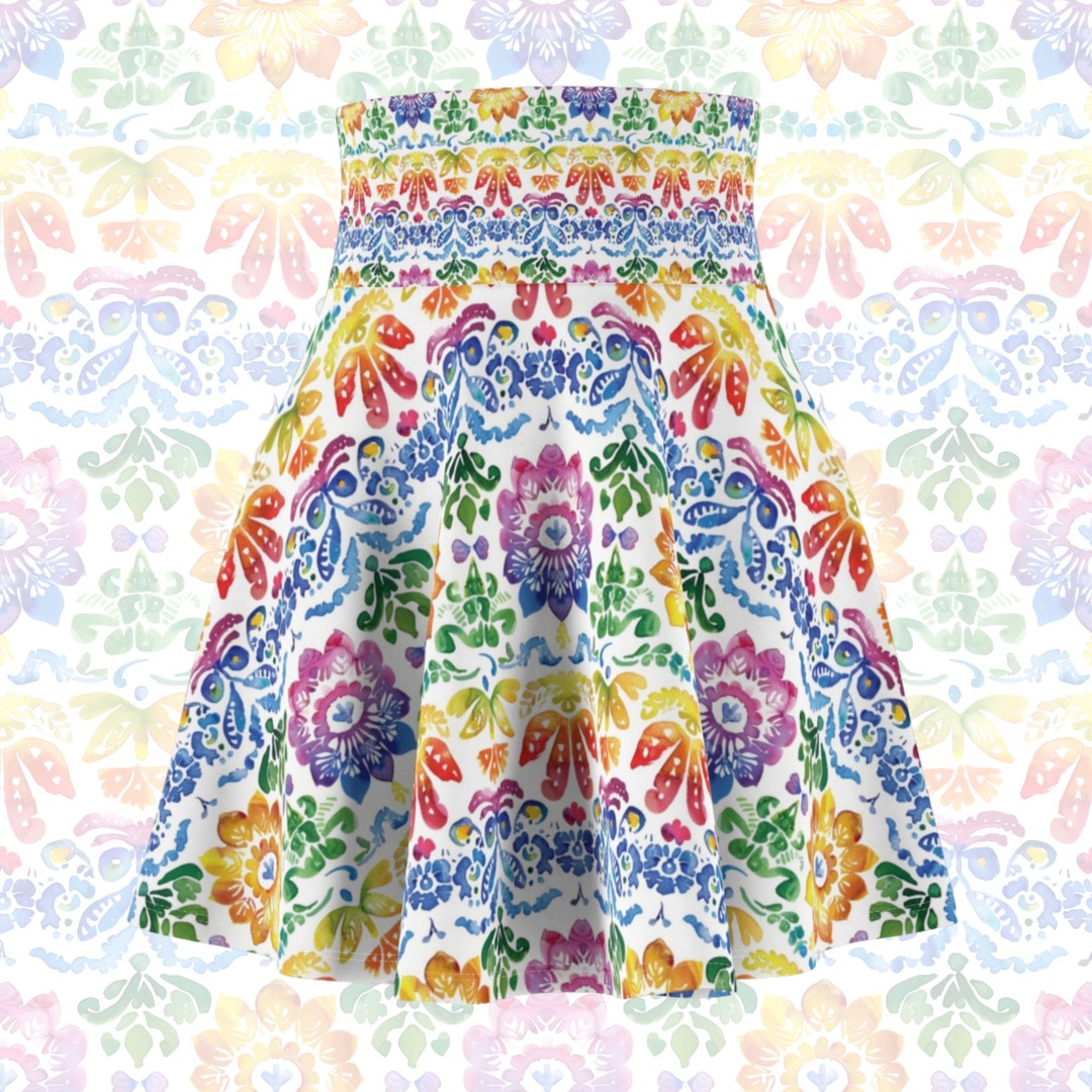 Women's Vibrant Mexican Fiesta Circle Skirt, Rainbow Talavera Tile High ...