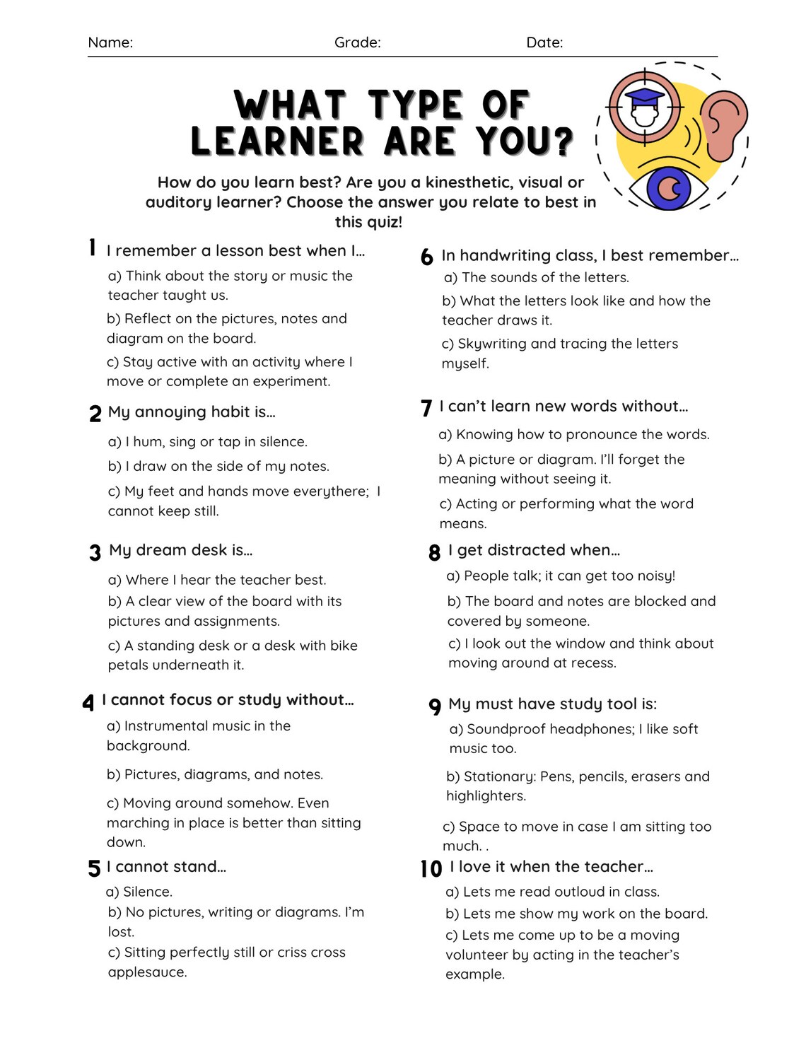 Are You an Auditory, Kinesthetic or a Visual Learner Quiz - Etsy