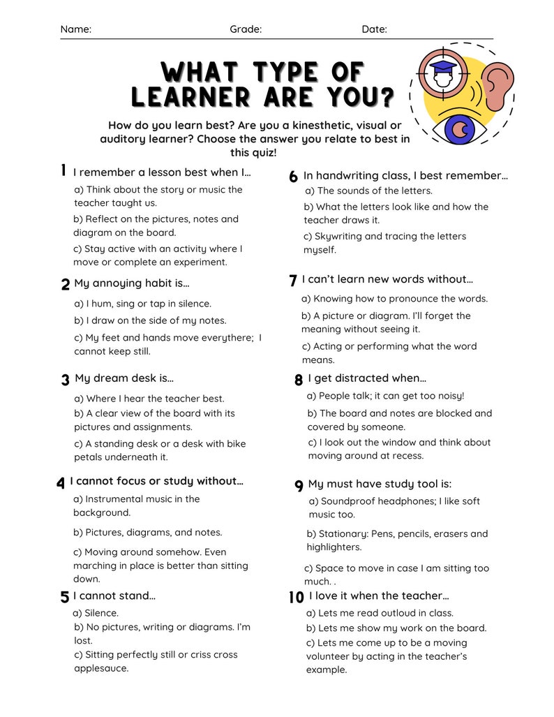 Are You an Auditory, Kinesthetic or a Visual Learner Quiz - Etsy