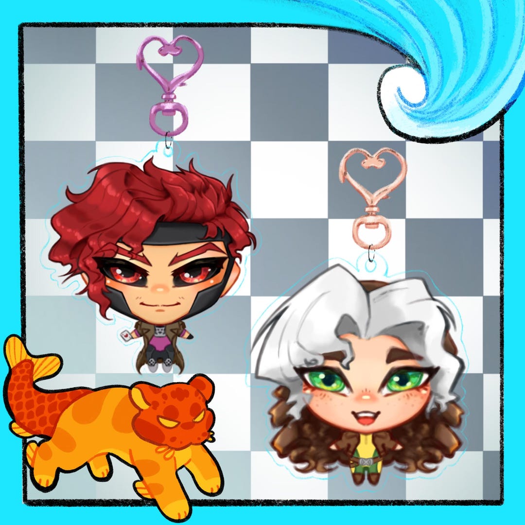 Holographic Gambit and Rogue Marvel Rivals Chibi Keychain Charm 2 In ...