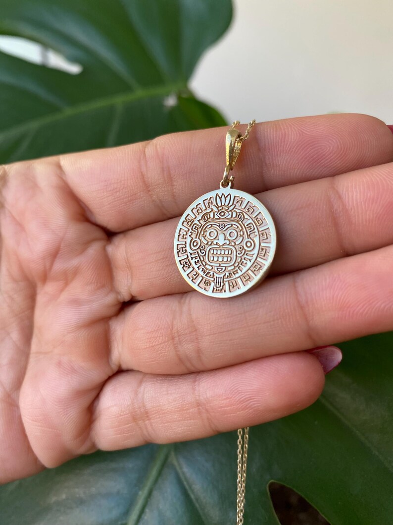 Aztec Calendar Pendant Necklace Symbol of Ancient Time & Sun God in 14K ...