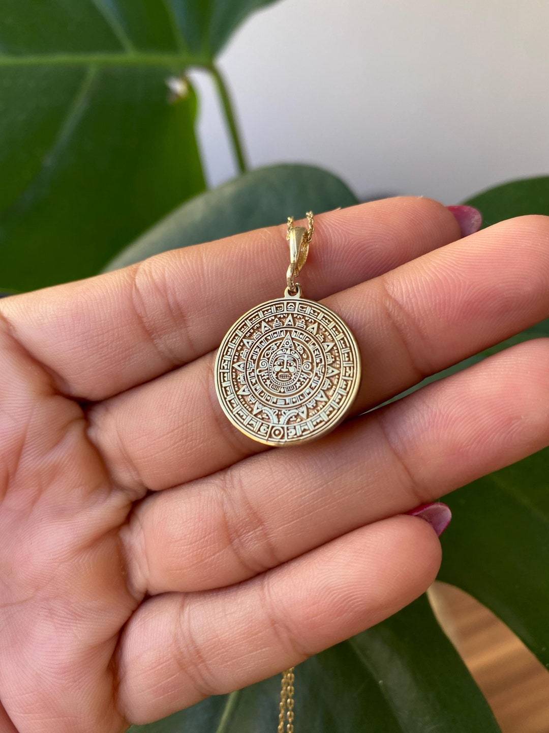 Aztec Calendar Pendant Necklace Symbol of Ancient Wisdom in 14K Gold or ...