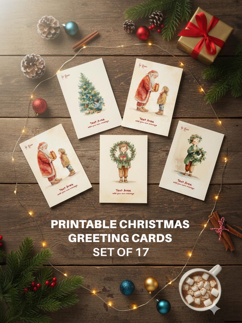 Printable Christmas Cards Set of 17, Vintage Watercolor Greeting Cards ...