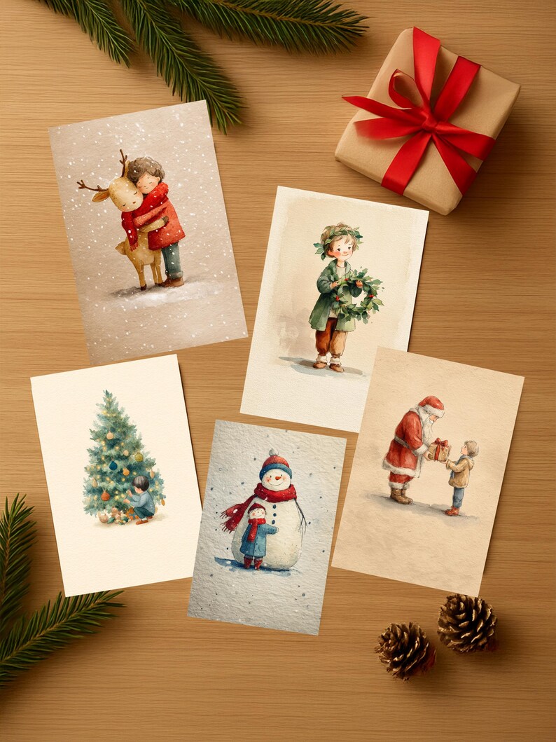 Printable Christmas Cards Set of 17, Vintage Watercolor Greeting Cards ...