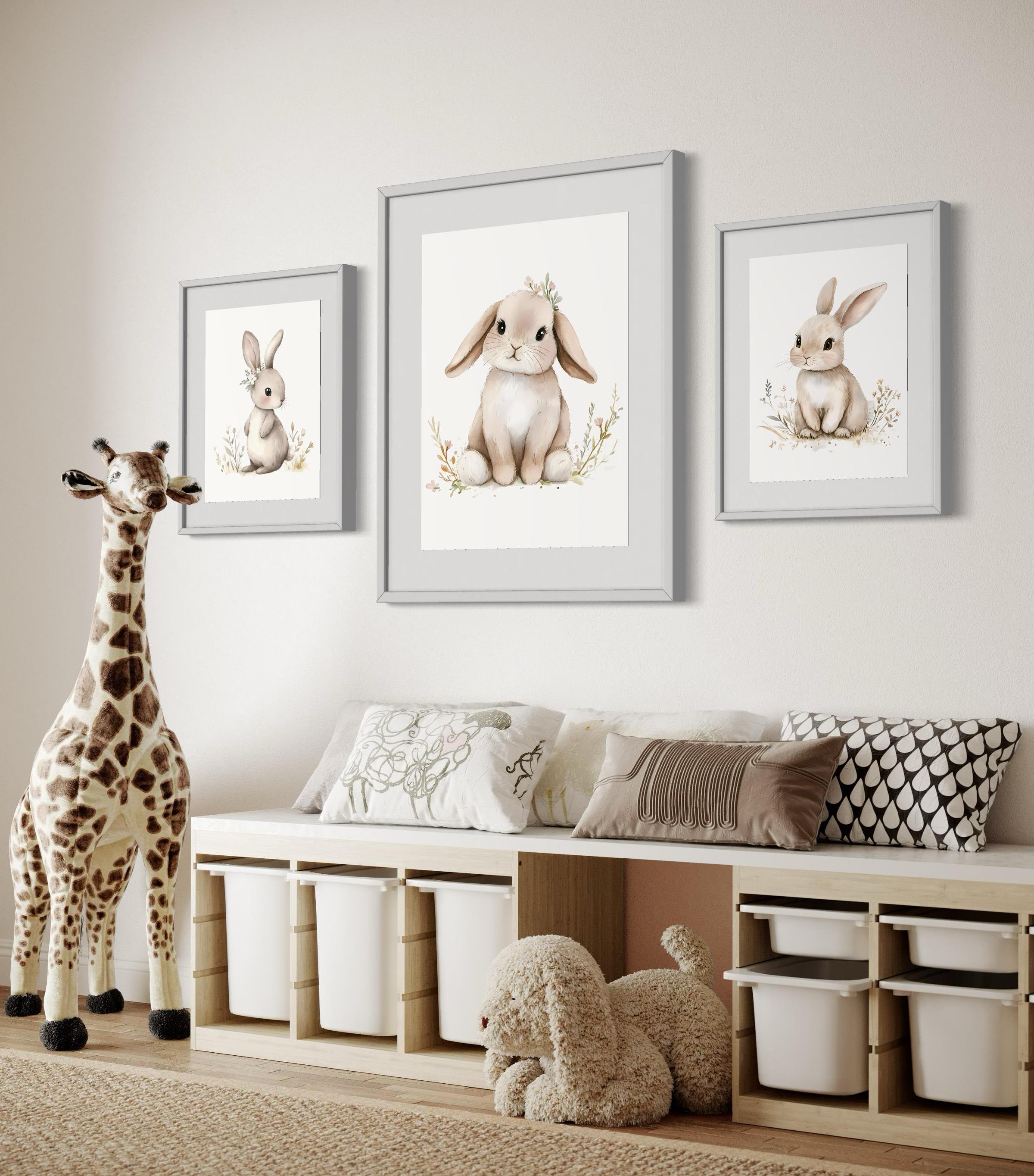 Bunny Nursery Wall Art Set – Watercolor Baby Rabbit Prints – Woodland ...