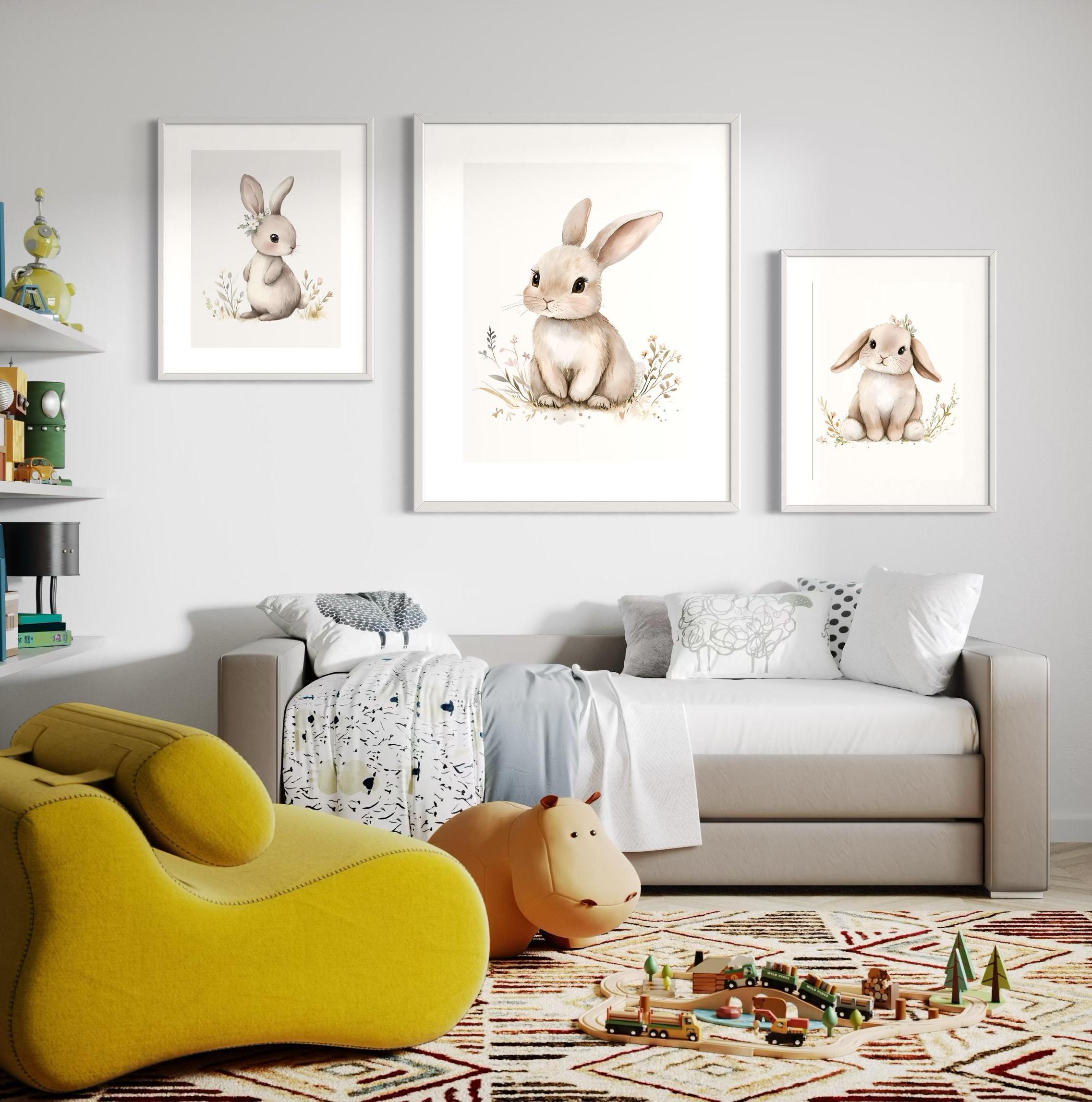 Bunny Nursery Wall Art Set – Watercolor Baby Rabbit Prints – Woodland ...
