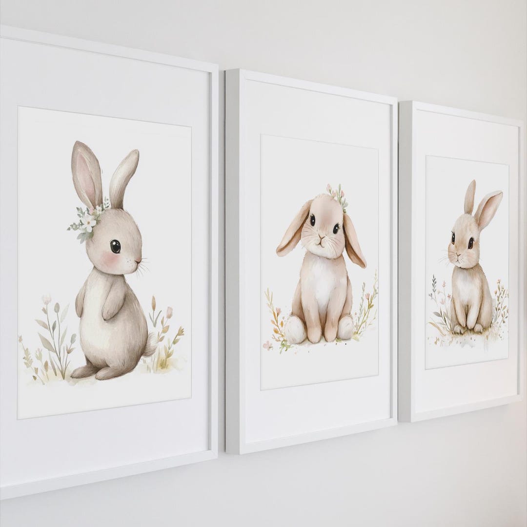 Bunny Nursery Wall Art Set – Watercolor Baby Rabbit Prints – Woodland ...