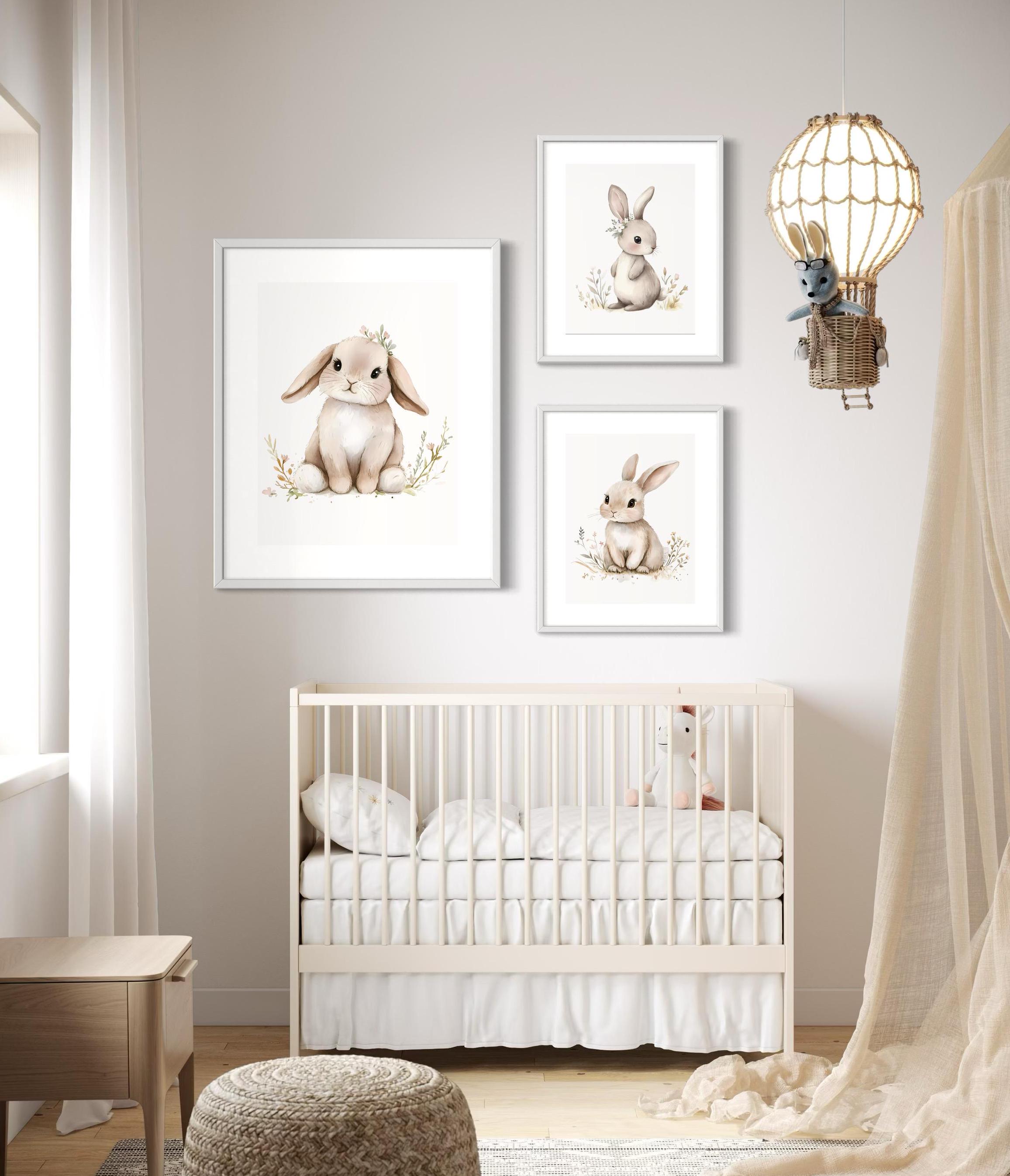 Bunny Nursery Wall Art Set – Watercolor Baby Rabbit Prints – Woodland ...