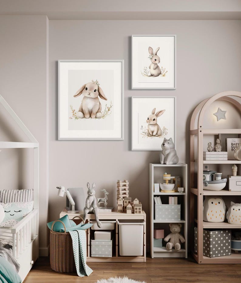 Bunny Nursery Wall Art Set – Watercolor Baby Rabbit Prints – Woodland ...