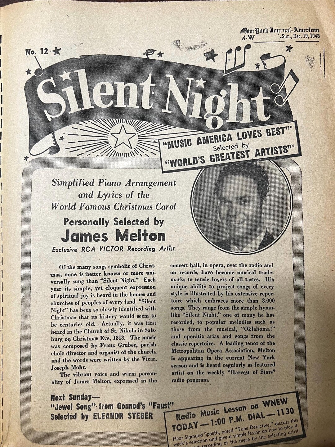 New York Journal-american Music Sheet Silent Night James Melton and ...