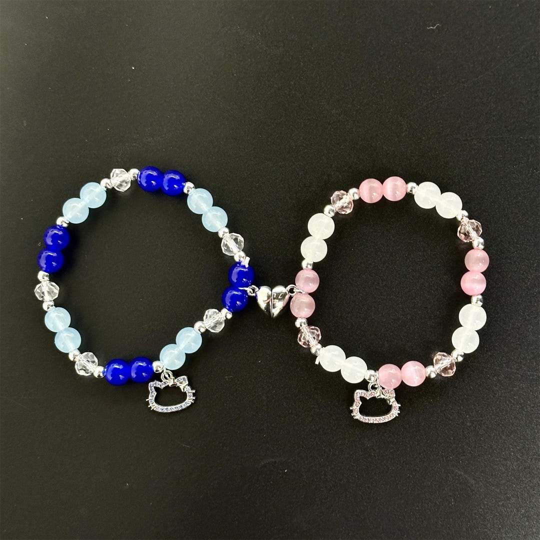 Handmade Hello Kitty Matching Blue and Pink Beaded Bracelets Pair Y2k ...