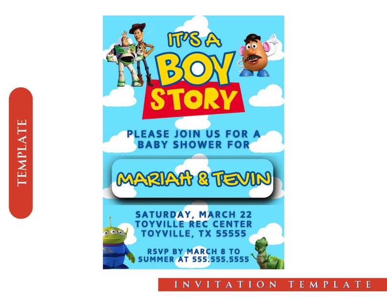 Boy Story Baby Shower Bundle: Invitation, Chip Bag & Water Bottle ...