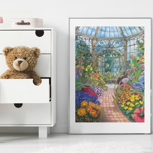 Floral Garden Dome Artwork, Botanical Conservatory Poster, Vintage ...