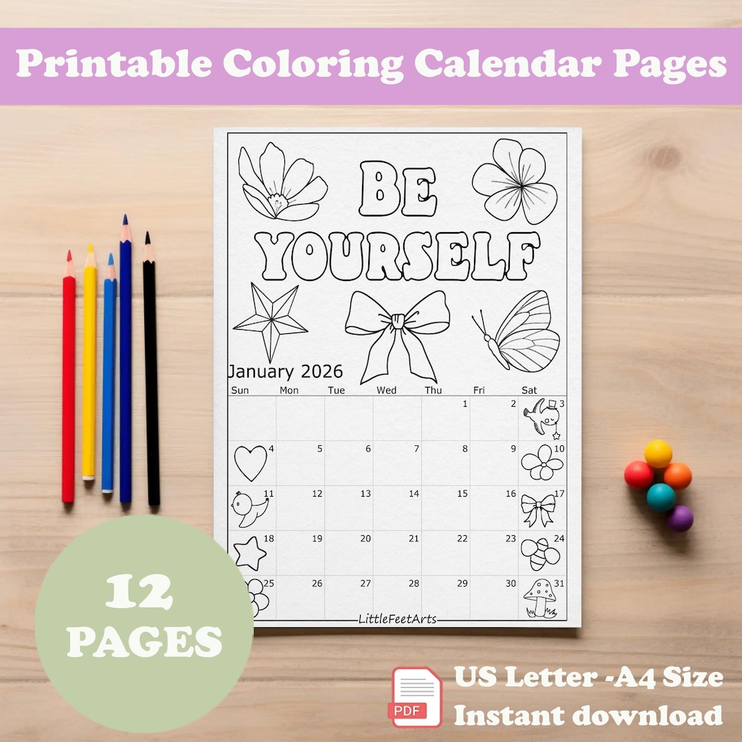 2026 Kids Coloring Calendar With Motivational Quotes | 12-month ...