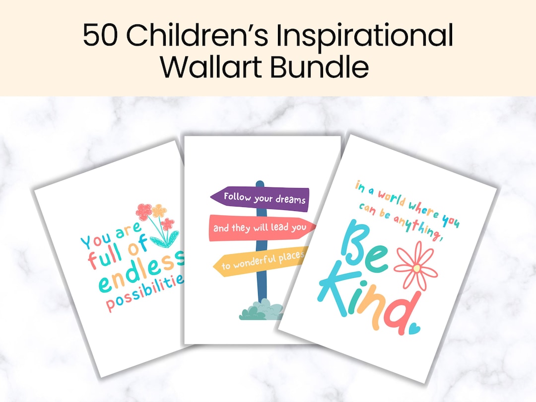 50 Inspirational, Motivational Wall Art Bundle for Kids | Cute Colorful ...