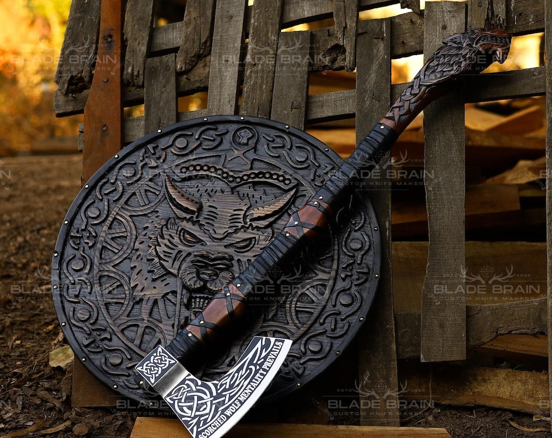 Norse Wolf Head Engraved Axe & Shield Set, Hand Forged Carbon Steel Axe ...