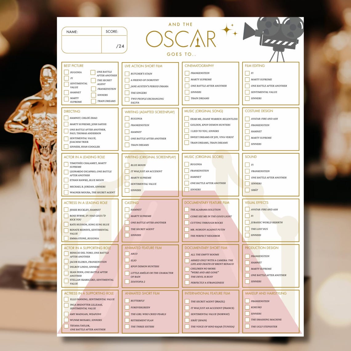 Printable 2026 Oscars Ballot | Academy Awards 2026 Watch Party Game ...