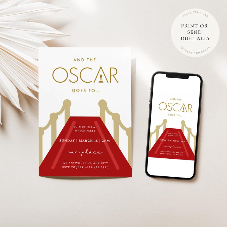 Editable Oscars Watch Party Invite | Elegant Hollywood Theme Invitation ...