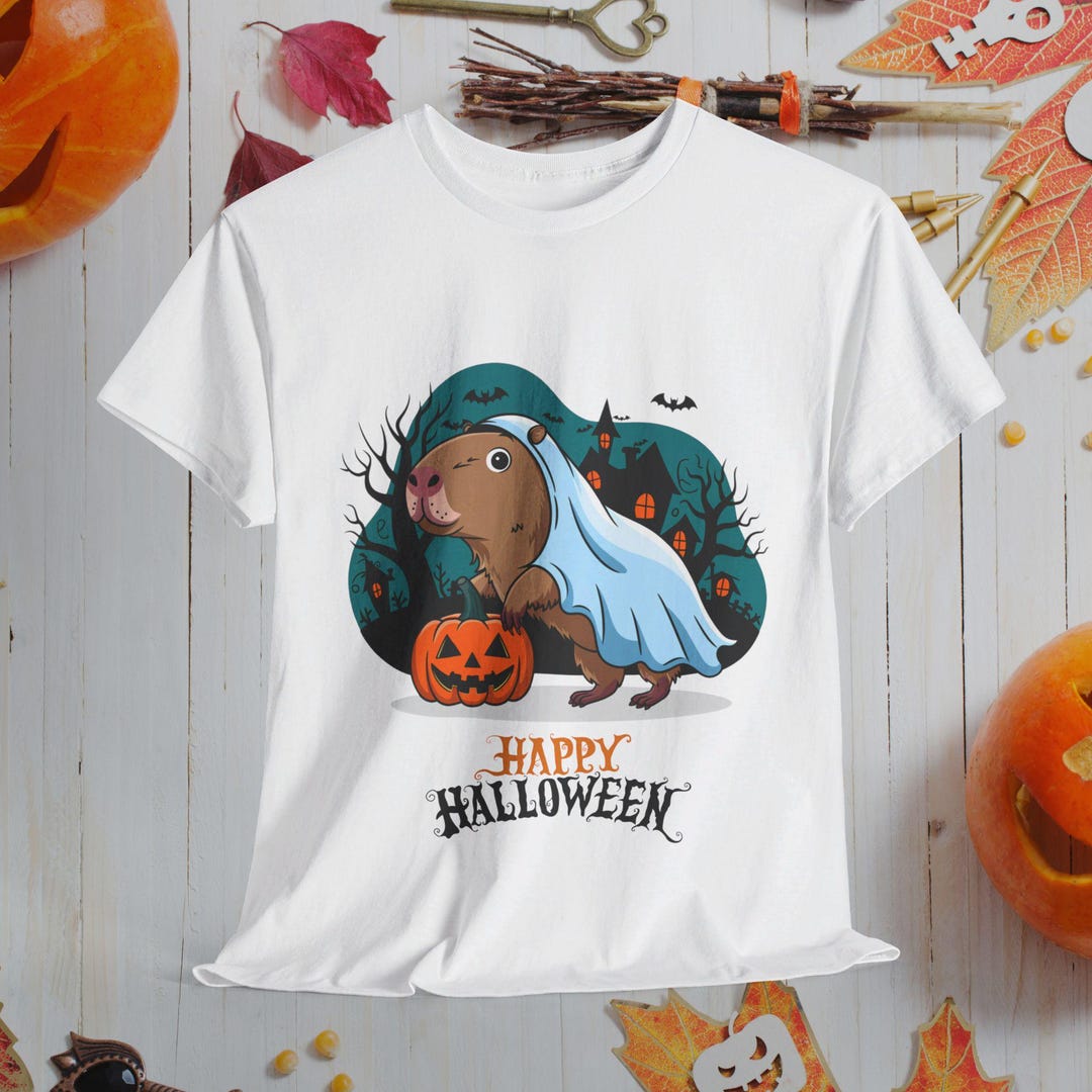 Happy Halloween Capybara Ghost on Unisex Heavy Cotton Tee Shirt - Etsy