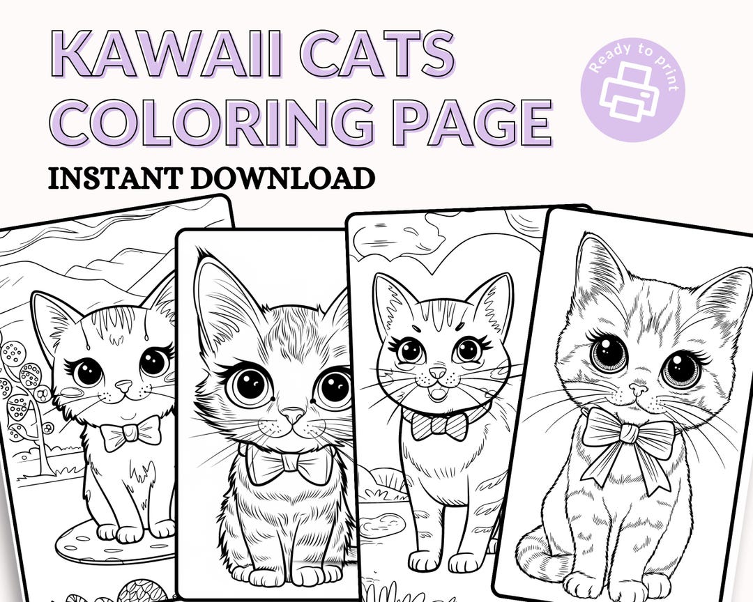 Kawaii Cats Coloring Pages for Kids, Printable Fun Activity, Cute Cat ...