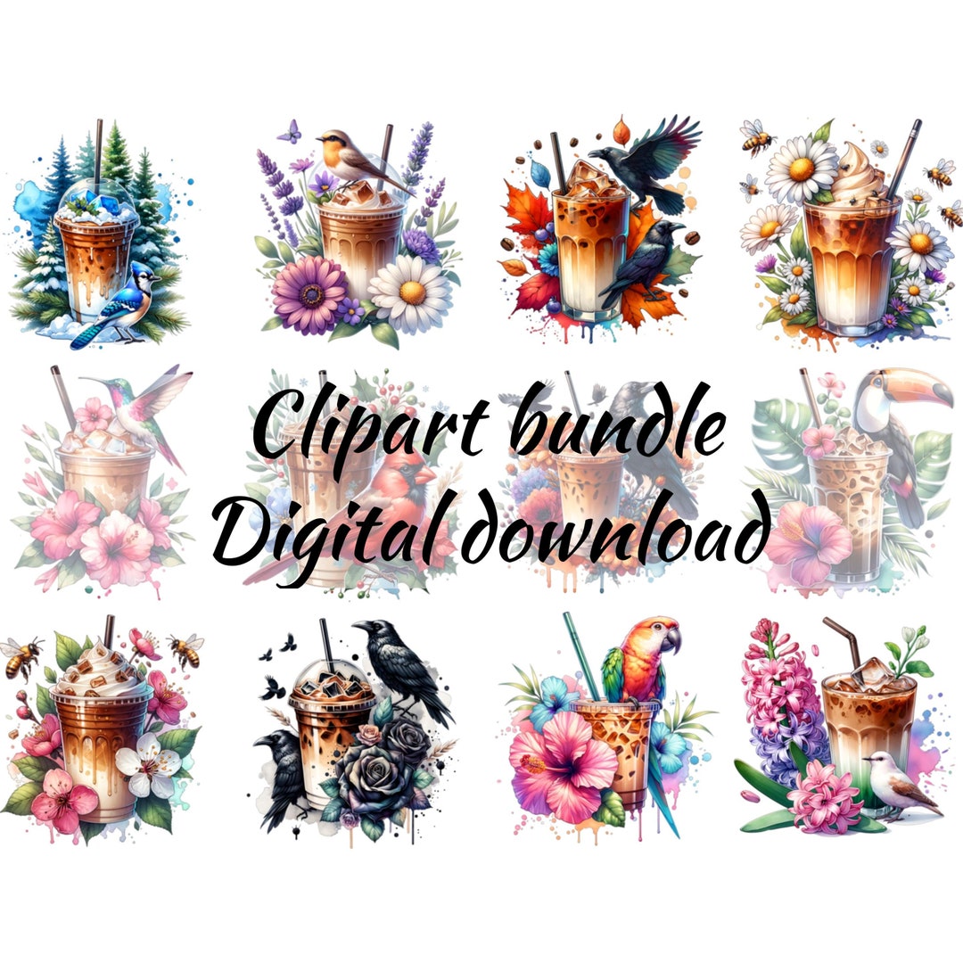 Floral Coffee and Bird Clipart Bundle, Cute Cafe Coffee PNG Designs for ...