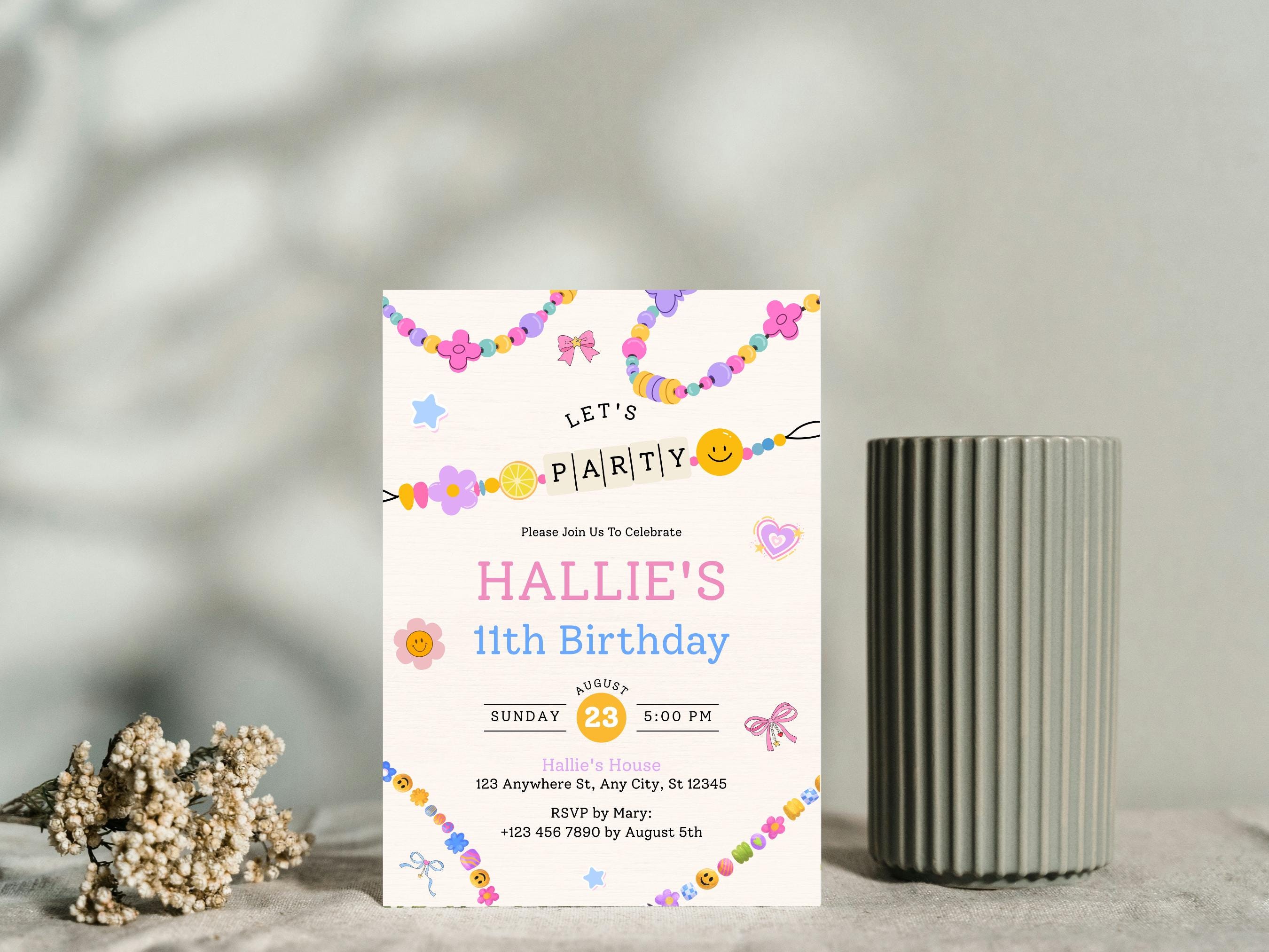 Editable Friendship Bracelet Invitation, Girl Birthday Bead Bracelet ...