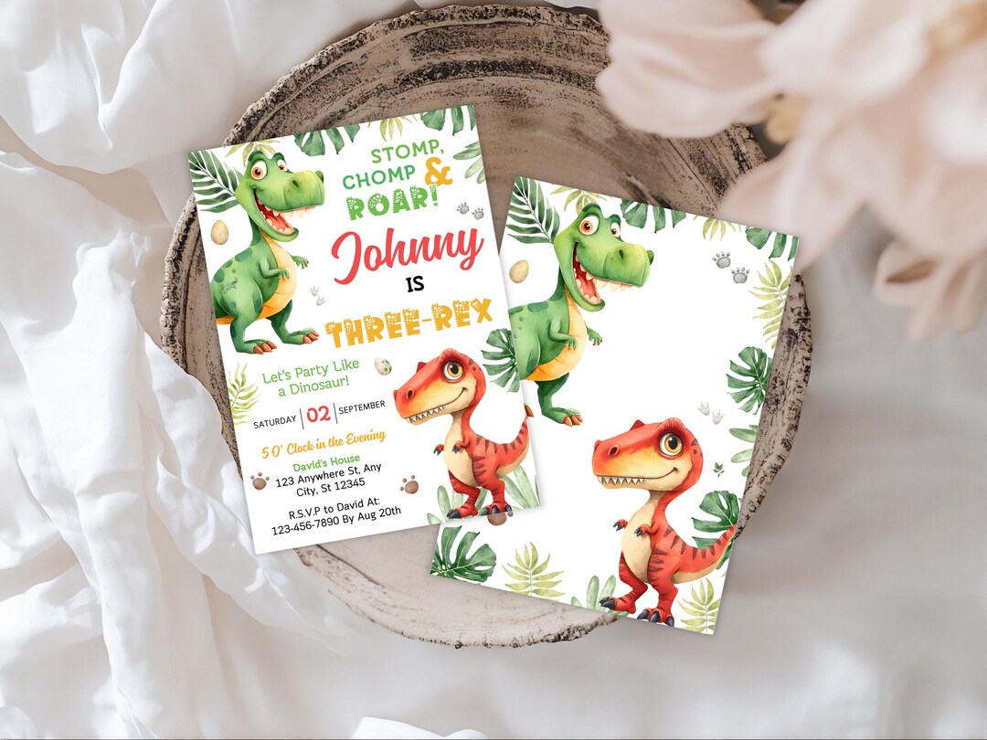 Three Rex Dinosaur Birthday Invitation: Editable Dino Party Invite ...