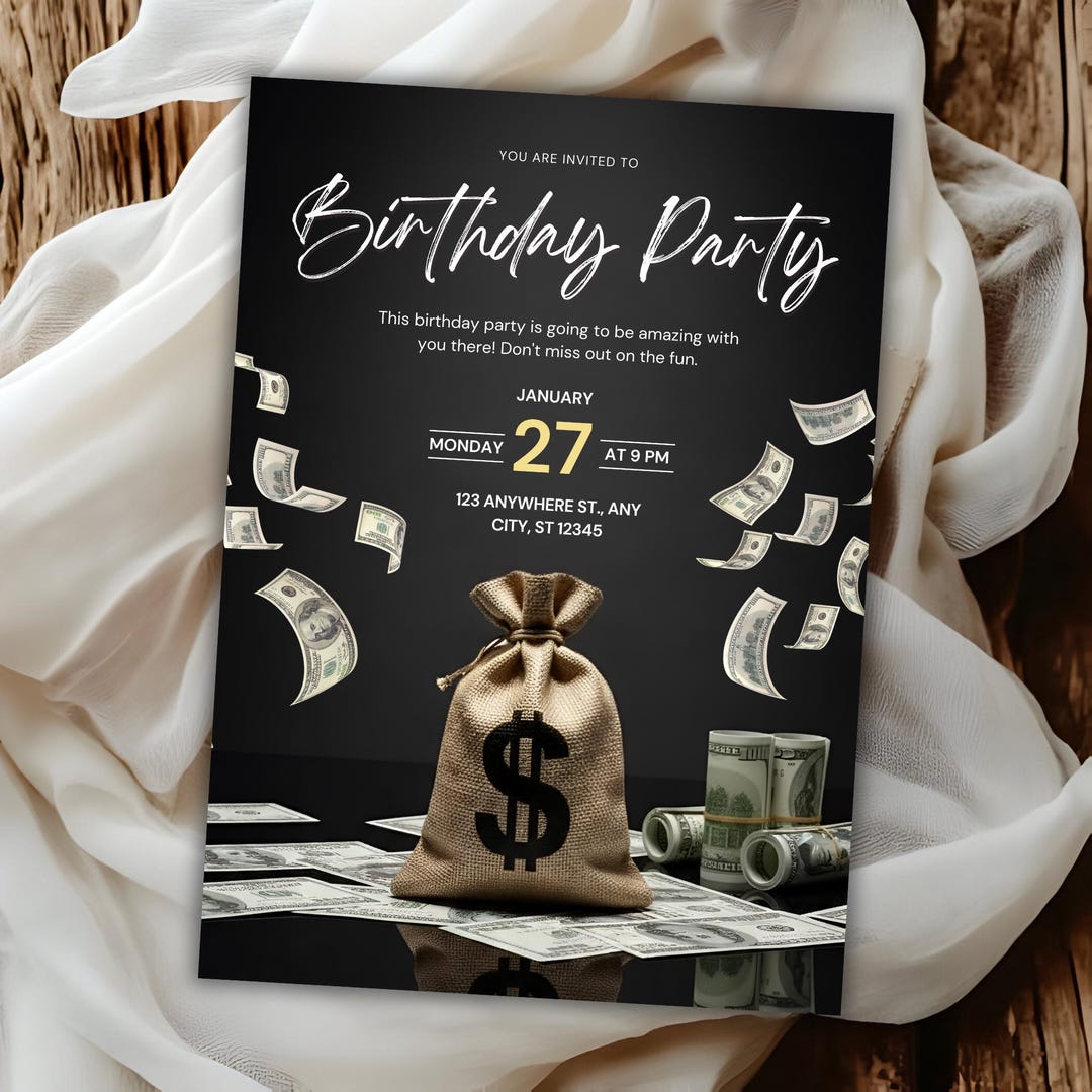 Money Birthday Invitation, Black and Gold, Cash Party (digital Download ...