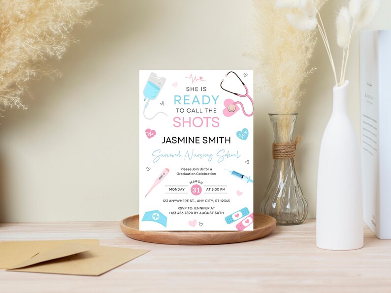 Editable Nurse Graduation Invitation: Pink & Blue Medical Design ...