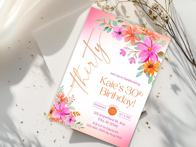 Pink & Orange Floral 30th Birthday Invitation: Editable Boho Template ...