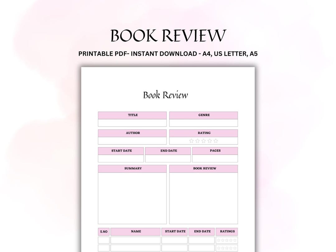 Book Review Journal Printable, Reading Tracker & Book Log, Digital ...
