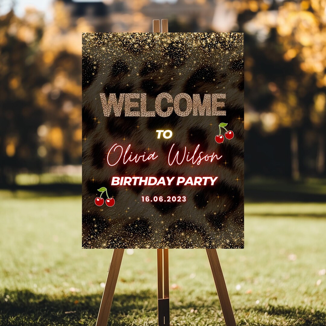 Leopard Print Birthday Welcome Sign: Gold Glitter & Cherry Glam ...