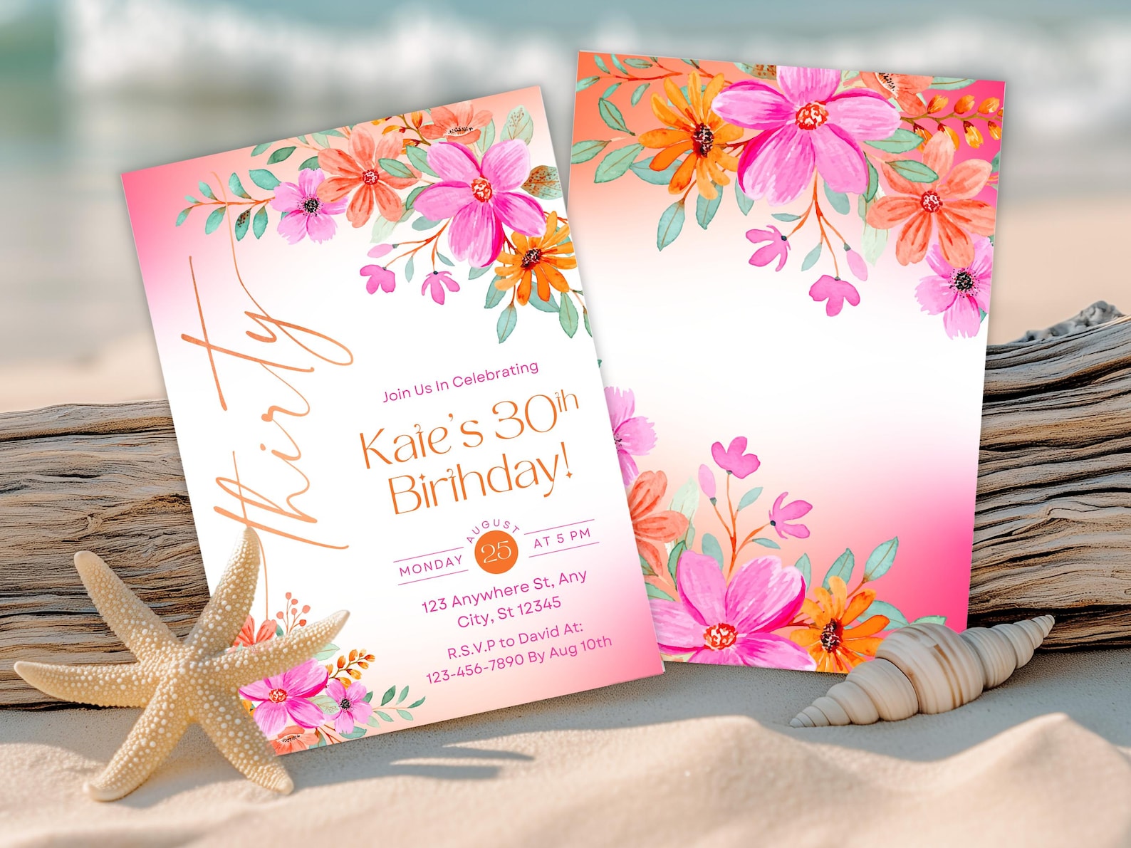 Pink & Orange Floral 30th Birthday Invitation: Editable Boho Template ...