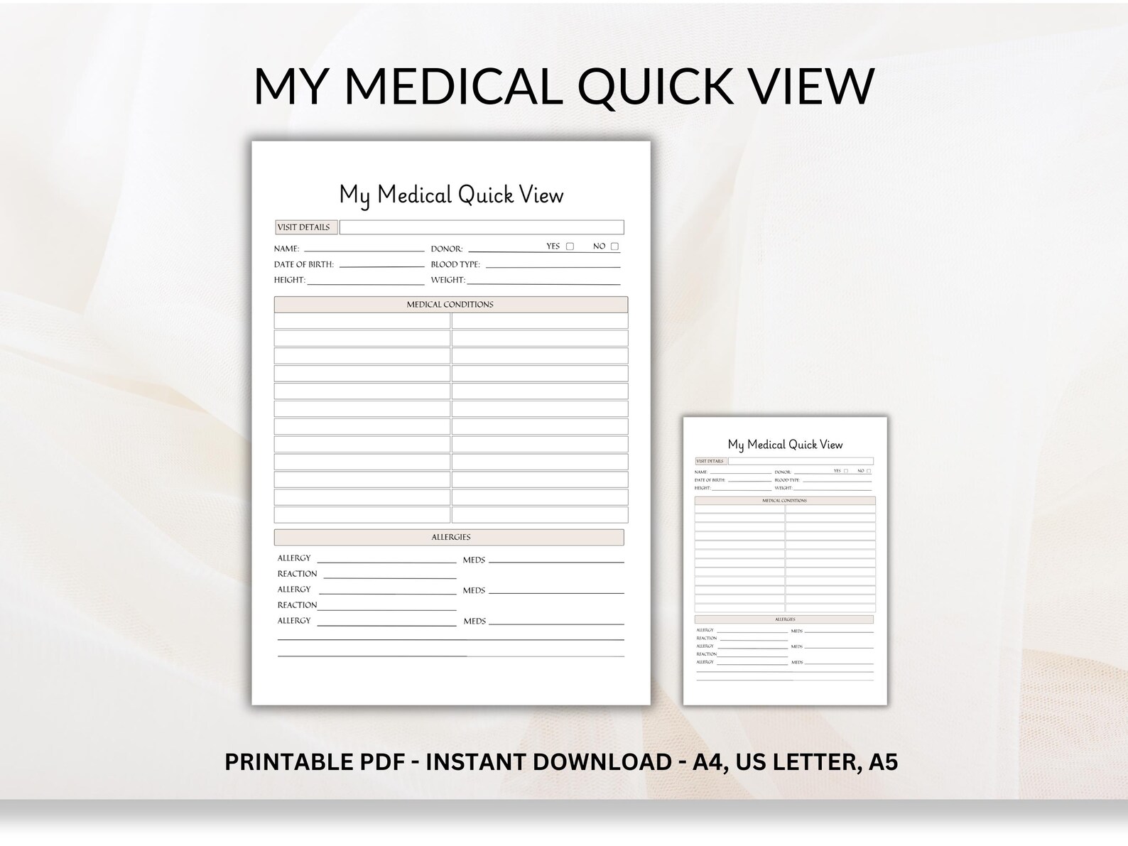 Medical Quick View: Printable Health Summary (A4/A5) (PDF) - Etsy