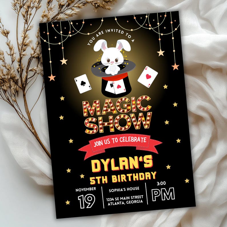 Magic Show Birthday Invitation for Kids | Magician Rabbit Party Invite ...