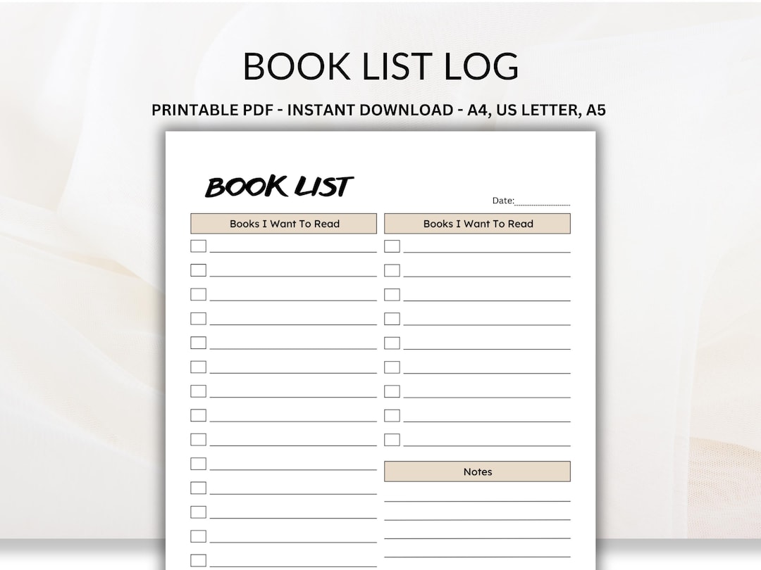 Book List Tracker Log, Books to Read Journal Page, Instant Download PDF ...