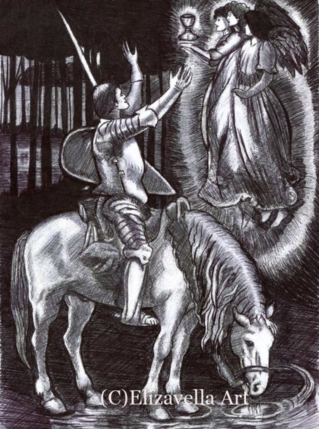 ORIGINAL Angel Drawing, Royal Knight, Ghostly Visions, Pen Ink Drawing ...