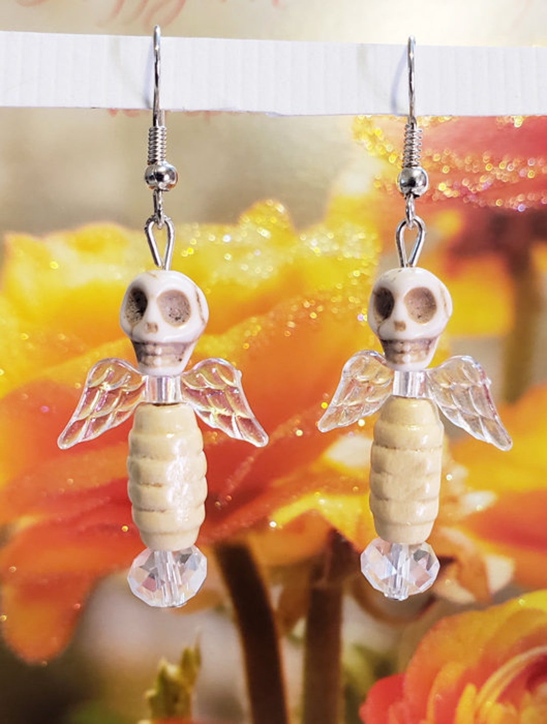 White Butterfly Sugar Skull Bead Earrings, Day of the Dead Earings ...