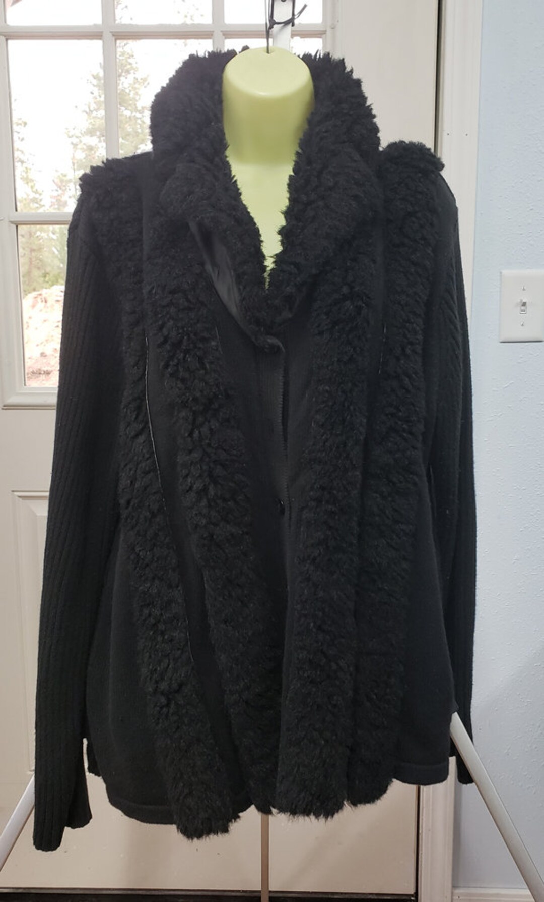 Women's Sweater Long Black Fuzzy Button Down Size XL Vintage Womans ...