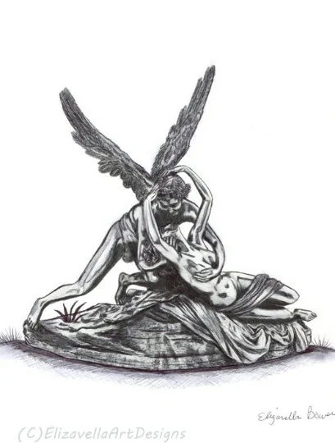 Cupid and Psyche Pen Ink DRAWING Goddess Love Romance Art, ORIGINAL Art ...