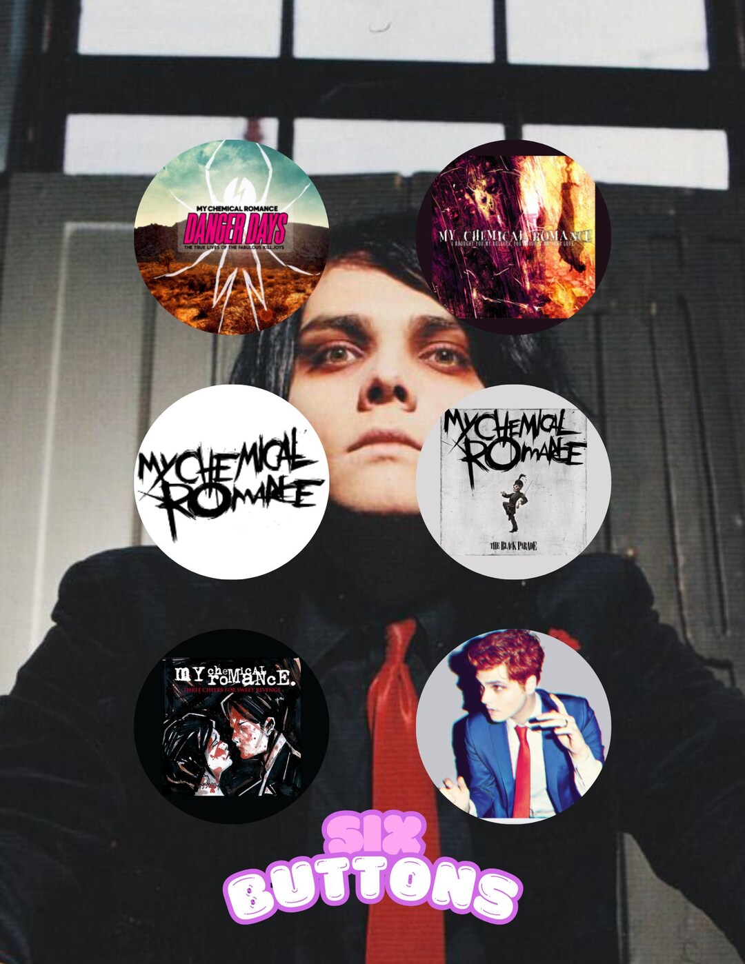 MCR Button Pack 6-piece 1 Pin Set Emo Band Merch, Three Cheers, Black ...