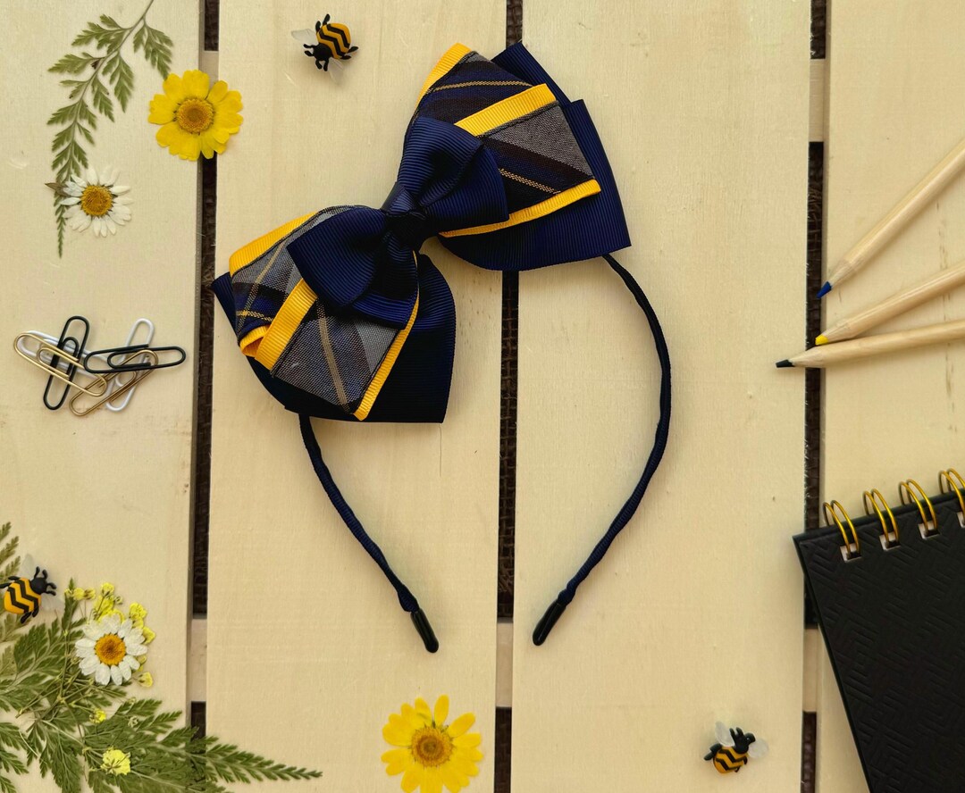 Navy Gray Gold Headband, Plaid 57, Hair Band, Large Bow Head Band ...