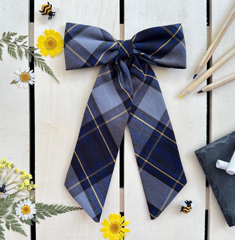 Extra Large Long Tail Hair Bow: Gray, Navy & Gold Plaid- School Uniform ...